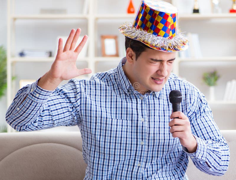 Funny Man Singing Songs in Karaoke at Home Stock Photo - Image of ...