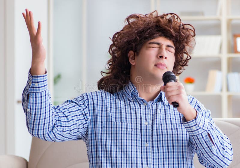 Funny Man Singing Songs in Karaoke at Home Stock Image - Image of ...