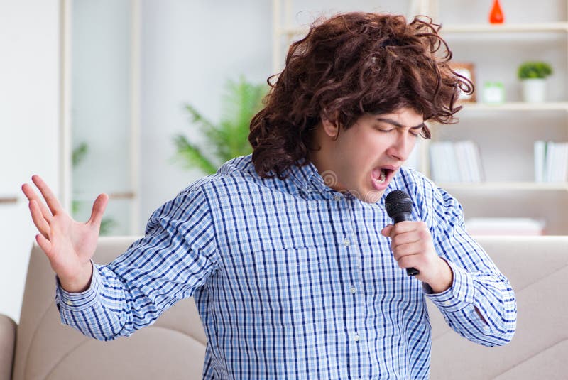 Funny Man Singing Songs in Karaoke at Home Stock Image - Image of ...