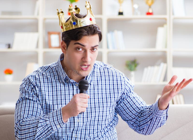 Funny Man Singing Songs in Karaoke at Home Stock Photo - Image of ...