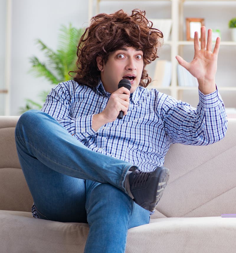 Funny Man Singing Songs in Karaoke at Home Stock Photo - Image of hobby ...