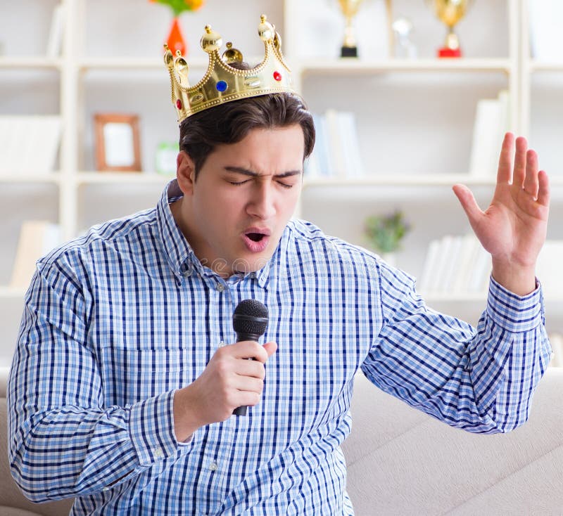 Funny Man Singing Songs in Karaoke at Home Stock Photo - Image of ...