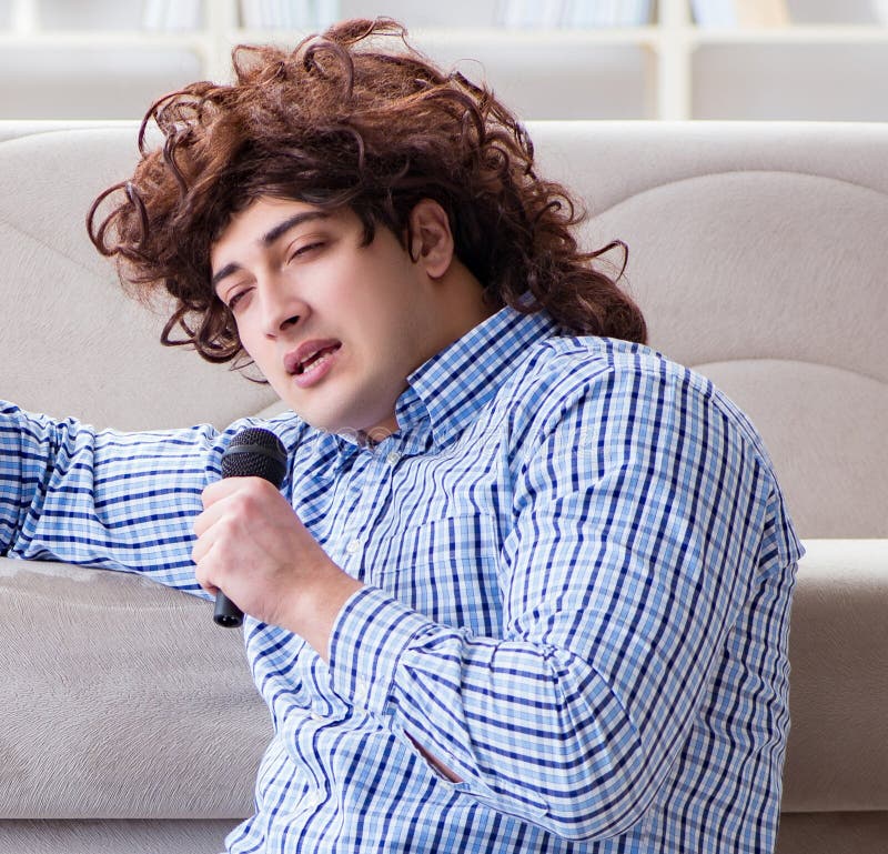 Funny Man Singing Songs in Karaoke at Home Stock Image - Image of ...