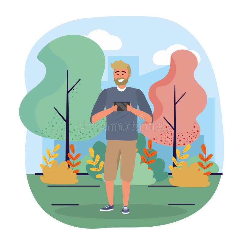 Funny Man with Smartphone Technology and Trees Stock Vector ...