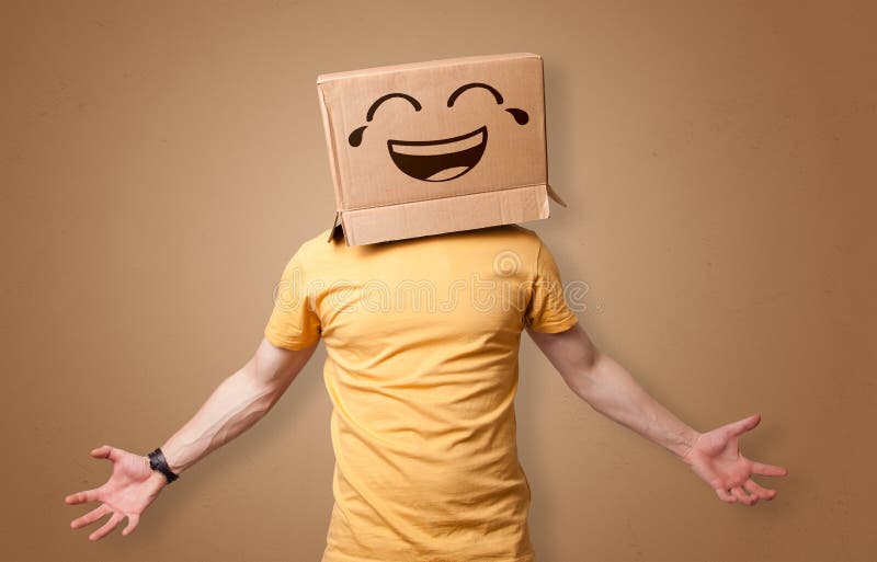 Funny Man Smiling with Cardboard Box Head Stock Photo - Image of ...