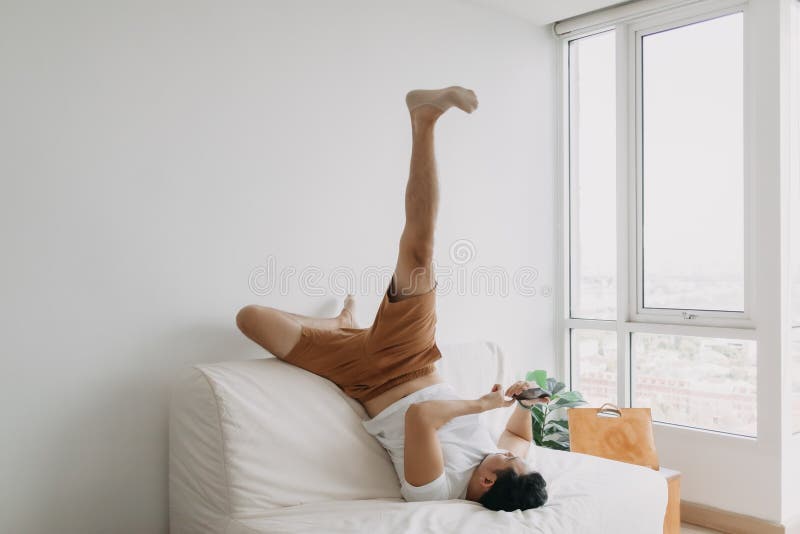 Funny Man Using Phone in a Boring Time. Concept of Time and Boring ...