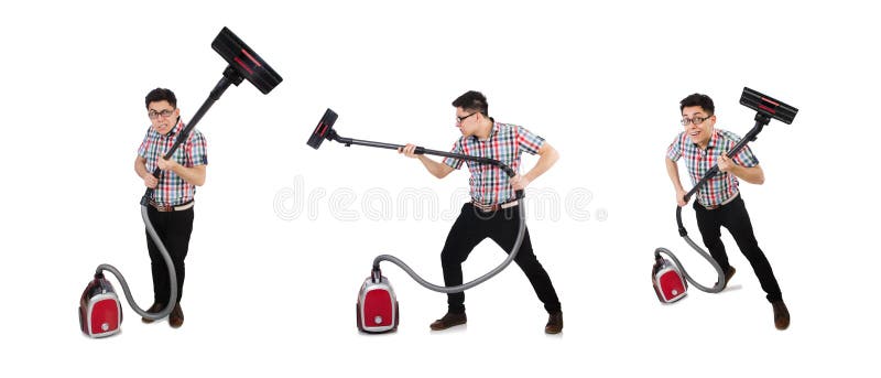 Funny Man with Vacuum Cleaner on White Stock Photo - Image of husband ...