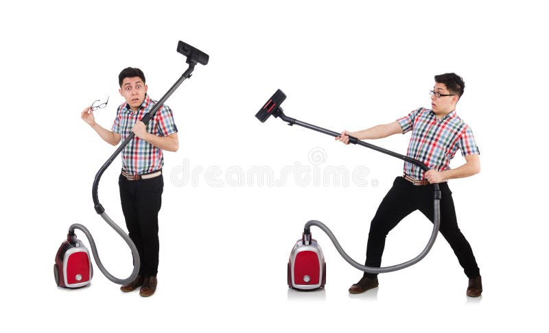 Funny Man with Vacuum Cleaner on White Stock Photo - Image of comic ...