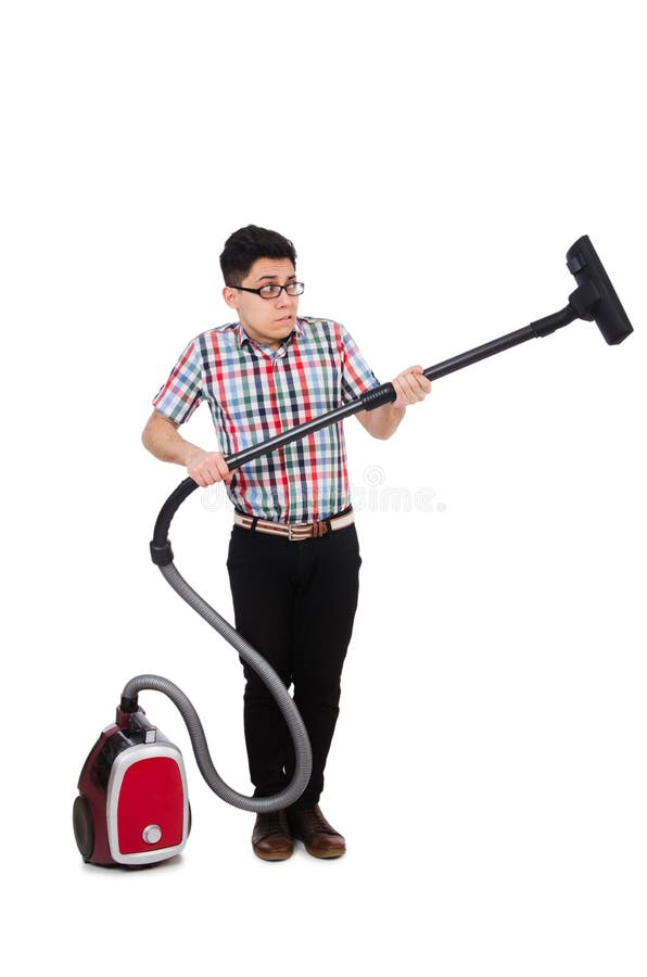 Funny Man with Vacuum Cleaner Stock Image - Image of humorous, carpet ...