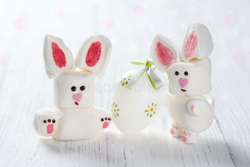 Funny Marshmallow Rabbits with Easter Egg, Sweet Bunnies Stock Image ...