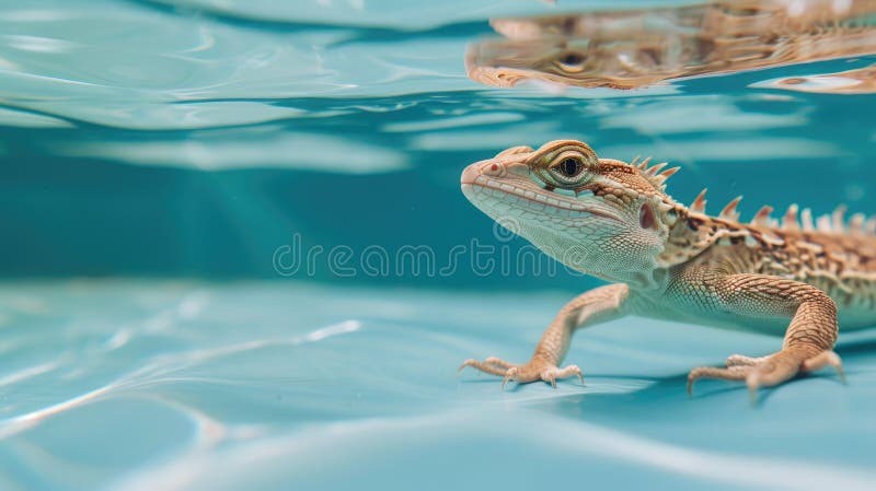 Hilarious Underwater Scene Lizard In Pool Plays Deep Dive Action Ai Generated Stock