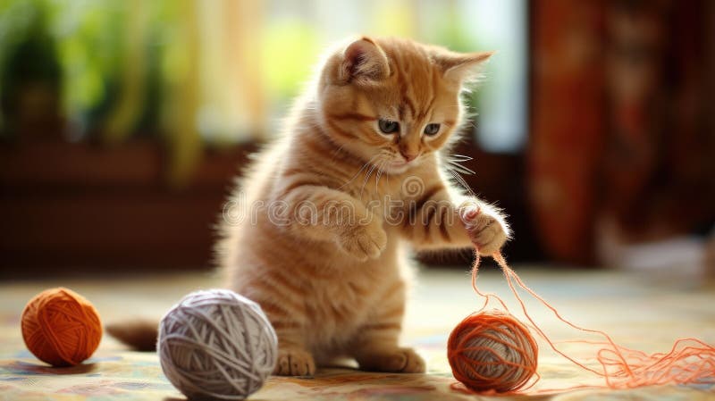 A Funny Moment from Life with a Cat and a Ball of Thread Stock ...
