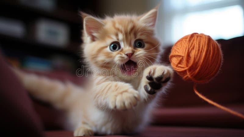 A Funny Moment from Life with a Cat and a Ball of Thread Stock Image ...