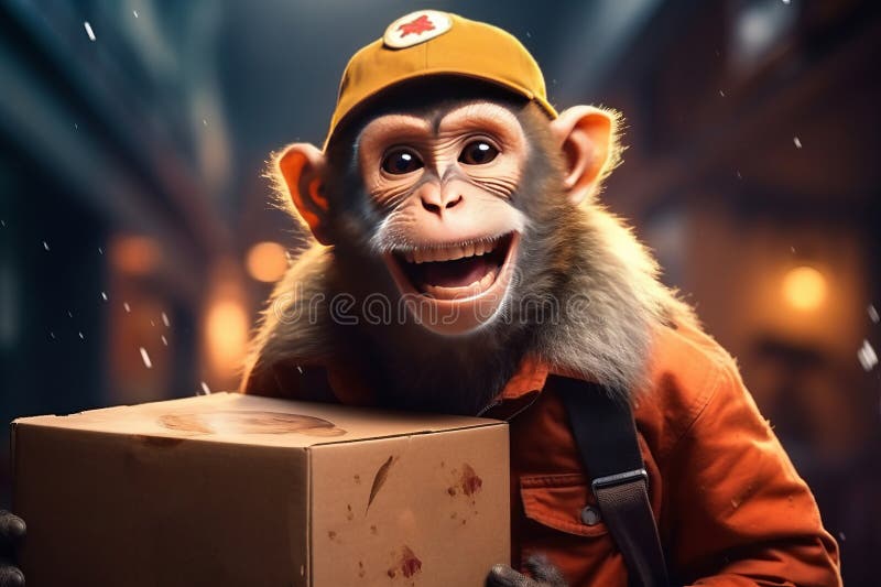 Funny Monkey with a Box in the City. New Year and Christmas Concept ...
