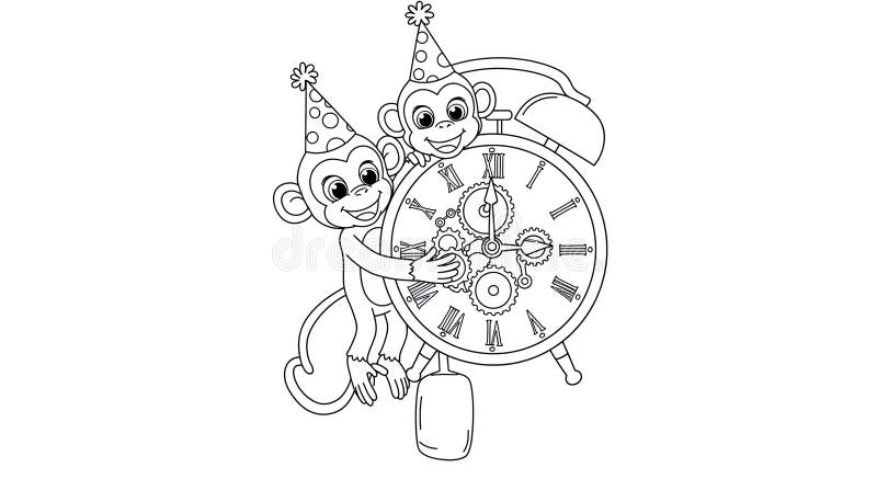 Funny Monkey Character Hanging from a New Year Countdown Clock Drawing ...