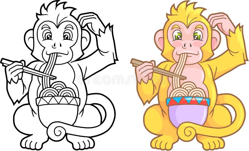 Funny Monkey Eating Noodles Stock Vector - Illustration of lunch ...