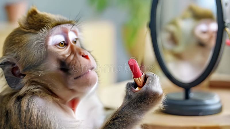 Funny Monkey Holding Red Lipstick Behind the Mirror Stock Footage ...