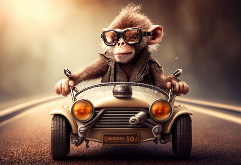 A Funny Monkey in a Jacket and Sunglasses Sits Behind the Wheel of a ...