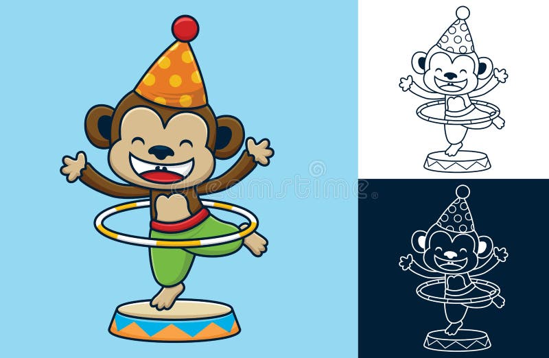Funny Monkey Playing Hula Hoop Wearing Cone Hat on Stage. Vector ...