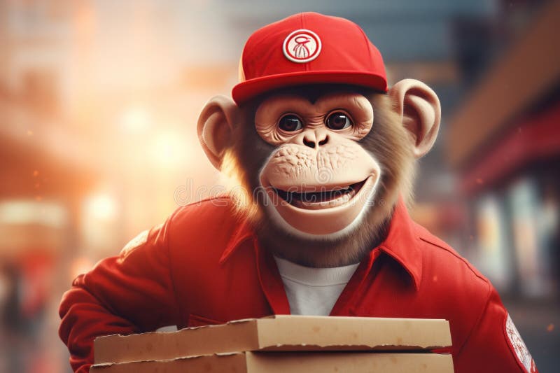 Funny Monkey in Red Uniform Delivering Pizza Boxes. Delivery Service ...