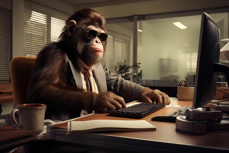 Funny Monkey Sitting at the Desk in Office and Typing on Keyboard. Side ...