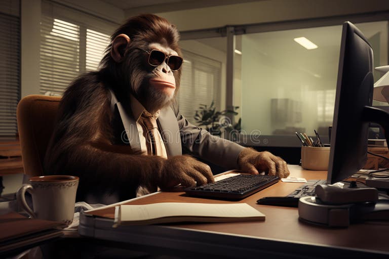 Funny Monkey Sitting at the Desk in Office and Typing on Keyboard. Side ...