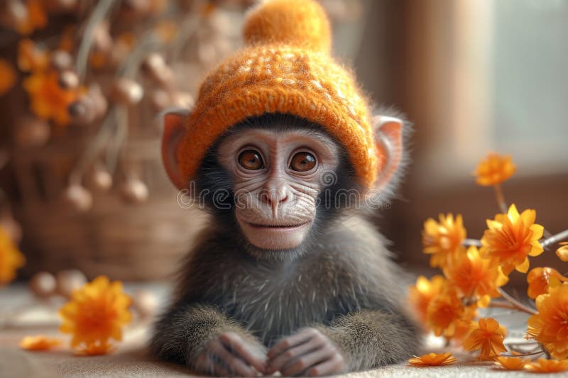 Funny Monkey in a Warm Hat Sitting in a Home Interior Stock Image ...