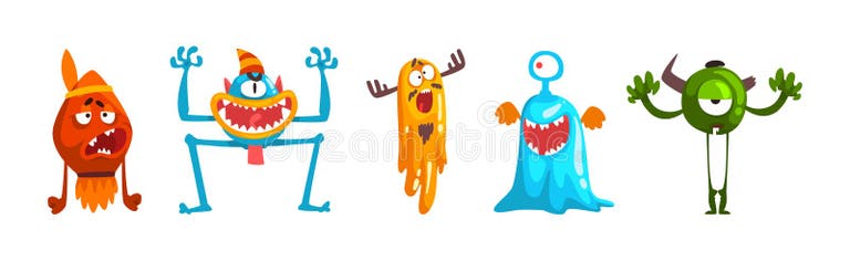 Funny Monster with Spooky Muzzle with Teeth and Bulging Eye Vector Set ...