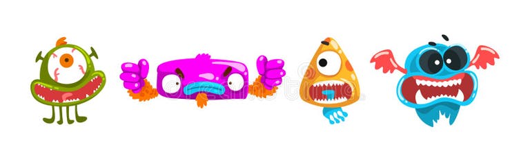 Funny Monster with Spooky Muzzle with Teeth and Bulging Eye Vector Set ...