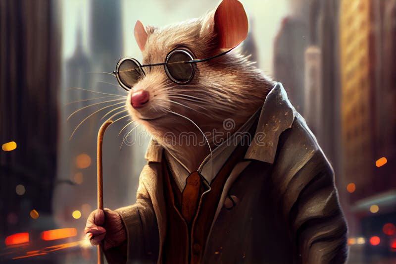 Funny Mouse in a Coat and Glasses Stands among the Skyscrapers. AI ...