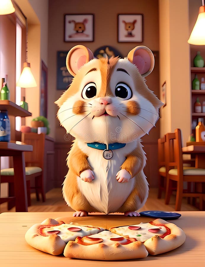 A Funny Mouse on the Table before Tasted Cheese Pizza with Tomatoes,3D ...