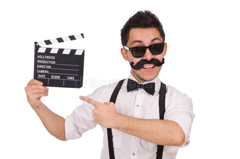Funny with Movie Clapper Isolated on White Stock Photo - Image of ...