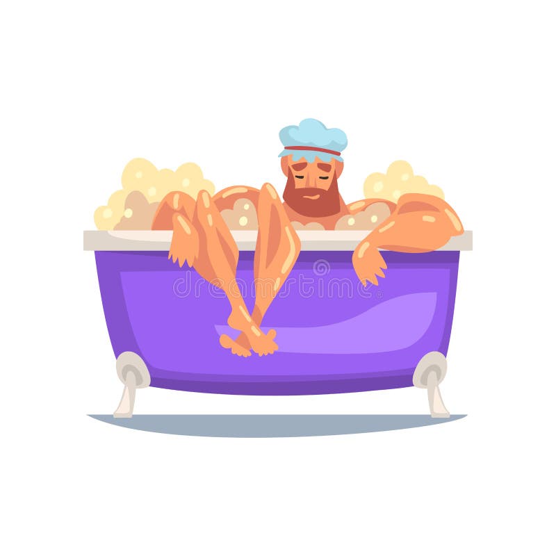 Funny Muscular Man Shower Cap Taking Bath Male Character Relaxing In
