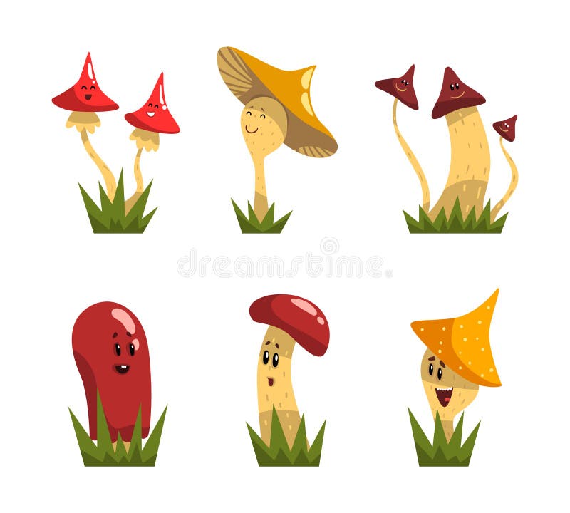 Funny Mushroom Characters with Smiling Faces Growing on Grass Vector ...