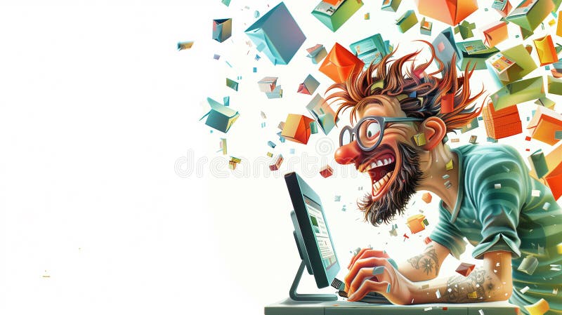 Funny Nerd with Computer and Books Flying Out of it. Mixed Media. Stock ...