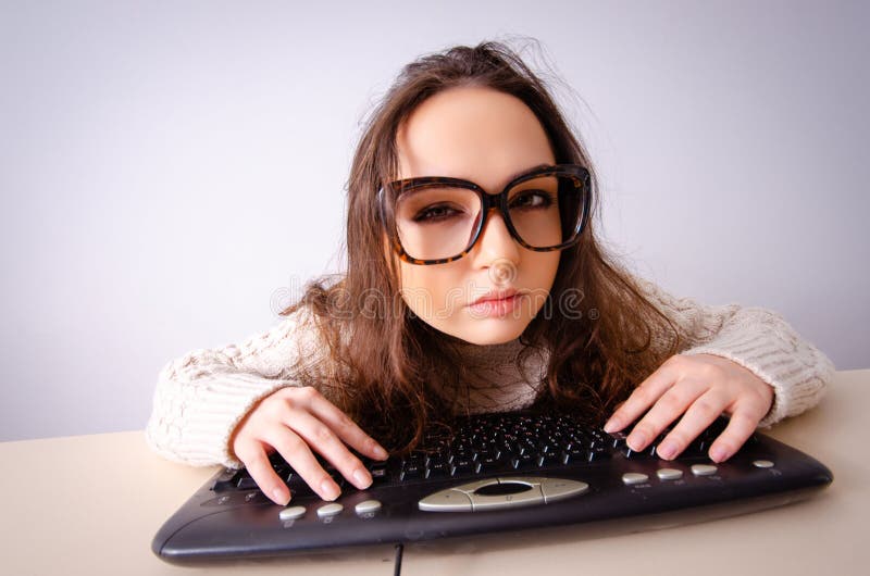 Funny Nerd Girl Working on Computer Stock Photo - Image of funny ...