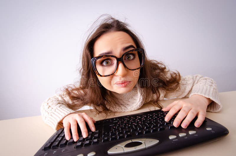 Funny Nerd Girl Working on Computer Stock Photo - Image of attack, girl ...