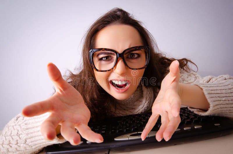 The Funny Nerd Girl Working on Computer Stock Photo - Image of nerd ...