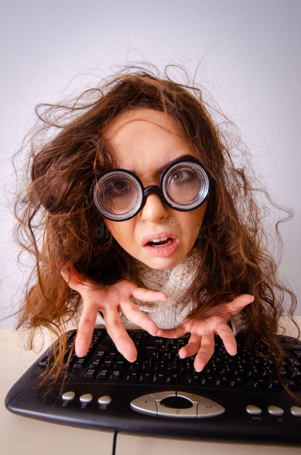 Funny Nerd Girl Working on Computer Stock Photo - Image of goofy, geek ...
