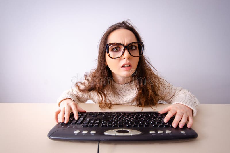 The Funny Nerd Girl Working on Computer Stock Image - Image of geek ...