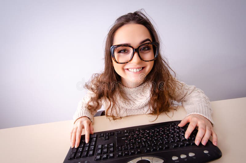 The Funny Nerd Girl Working on Computer Stock Image - Image of cyber ...