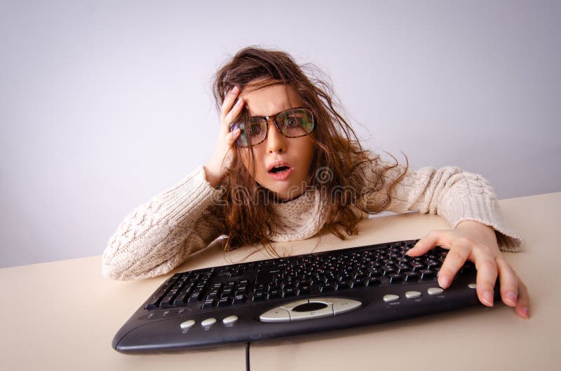 Funny Nerd Girl Working on Computer Stock Photo - Image of internet ...