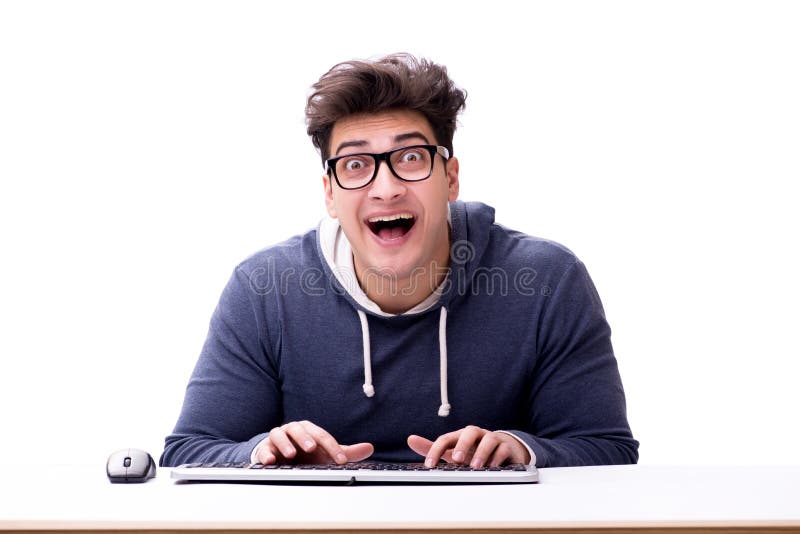 Funny Nerd Man Working on Computer Isolated on White Stock Photo ...