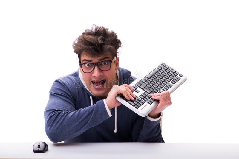 Funny Nerd Man Working on Computer Isolated on White Stock Image ...