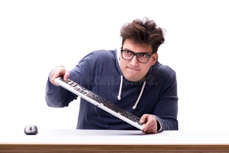 Funny Nerd Man Working on Computer Isolated on White Stock Image ...