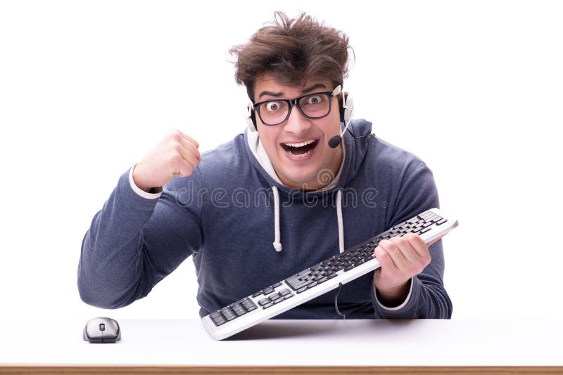 The Funny Nerd Man Working on Computer Isolated on White Stock Photo ...