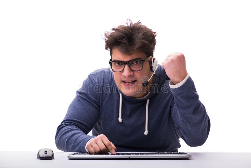 The Funny Nerd Man Working on Computer Isolated on White Stock Image ...