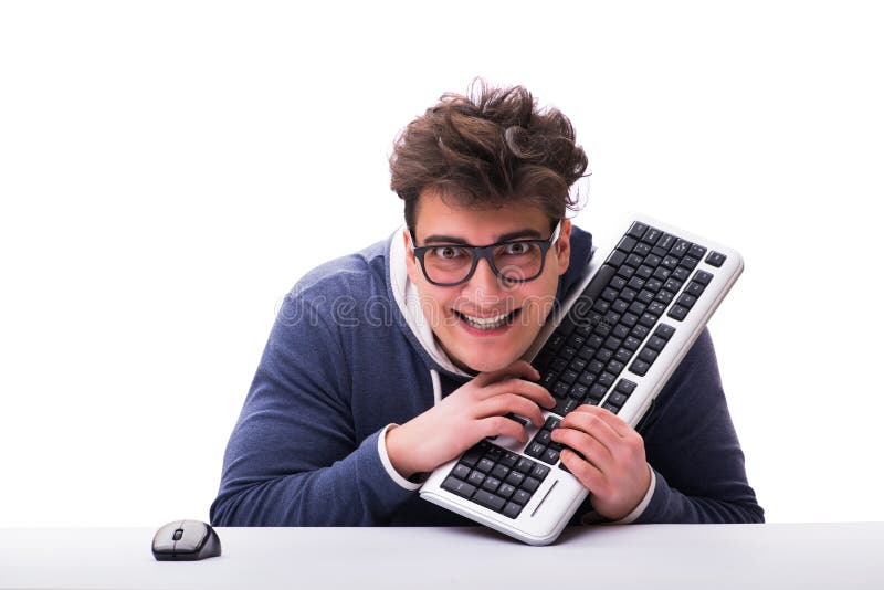 Funny Nerd Man Working on Computer Isolated on White Stock Photo ...