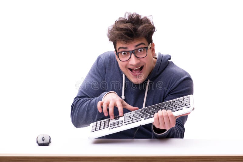 Funny Nerd Man Working on Computer Isolated on White Stock Photo ...