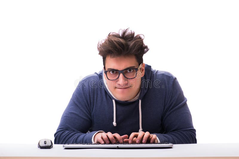 Funny Nerd Man Working on Computer Isolated on White Stock Image ...